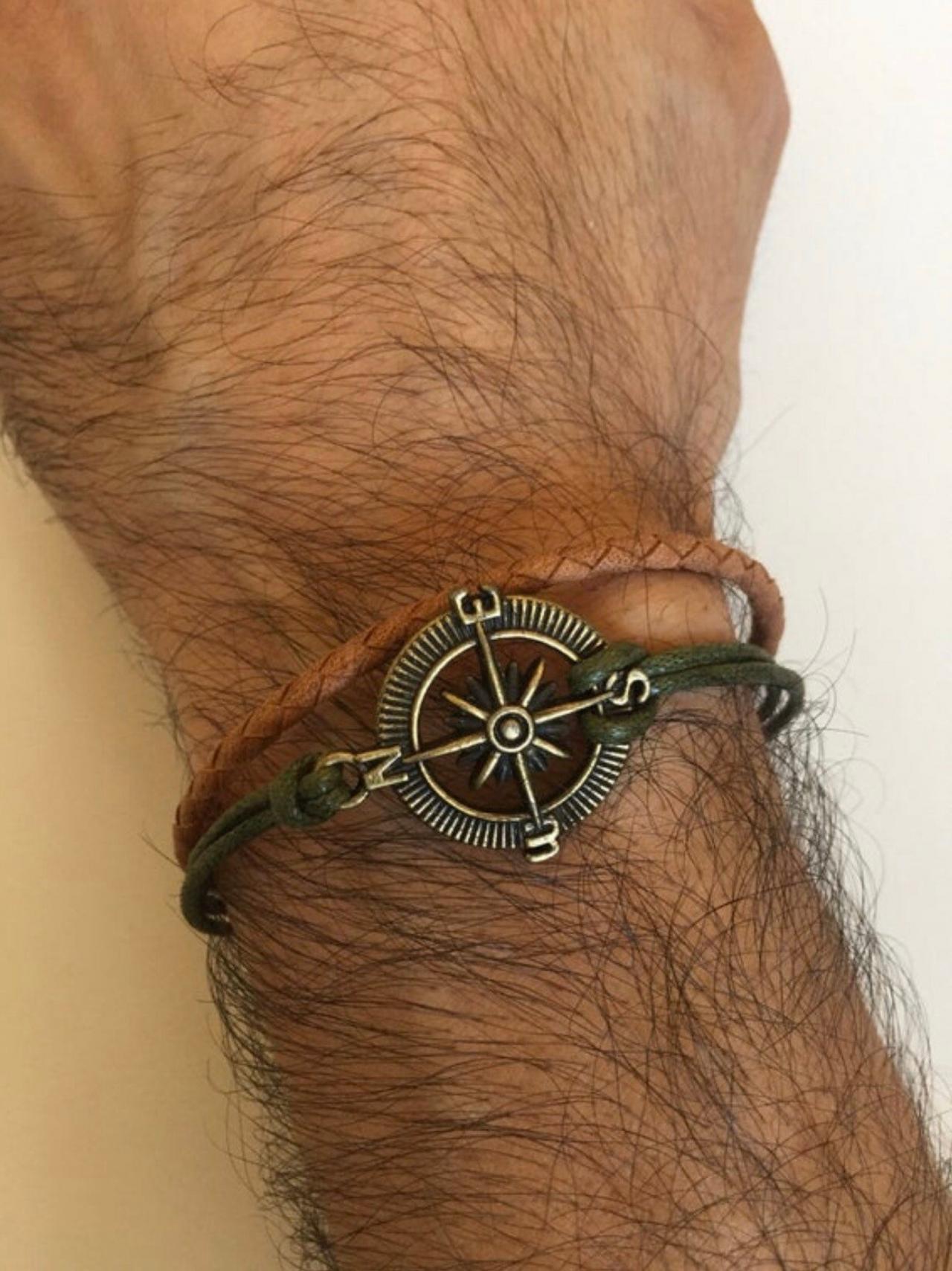 Men Bracelet 367- Genuine Leather Compass Charm Green Waxed Cotton ...
