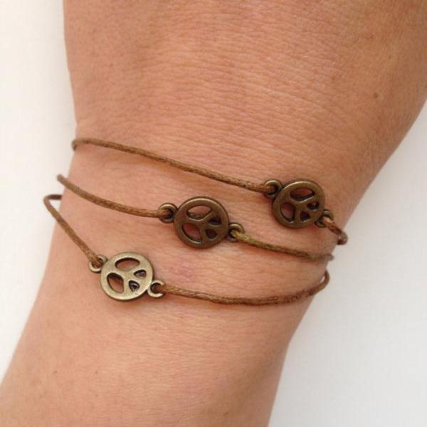 Peace Sign Bracelet 62- Friendship Bronze Charm Waxed Cotton Bracelet ...