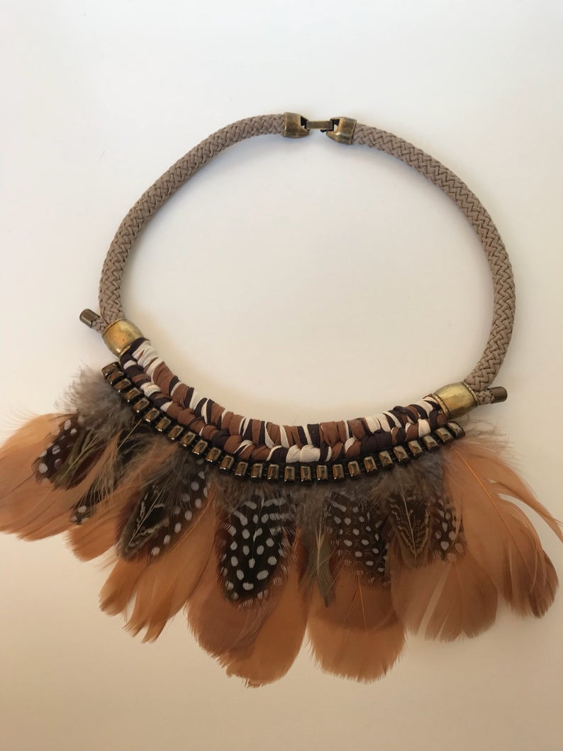 Feathers Necklace 263- Brown Goose Feathers Aged Gold Boho Chic Jewelry ...